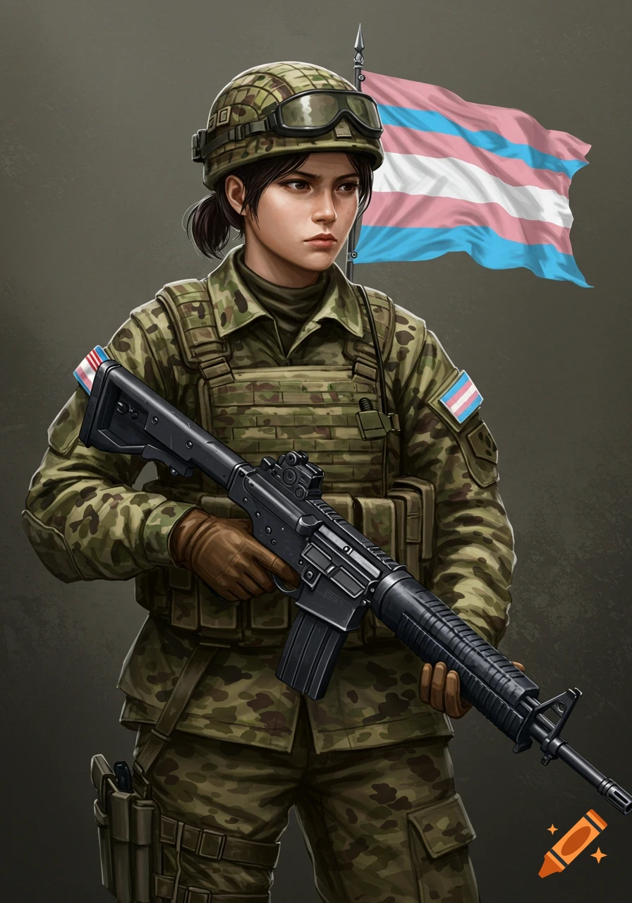 Illustration of a soldier in camouflage holding a rifle with a trans ...