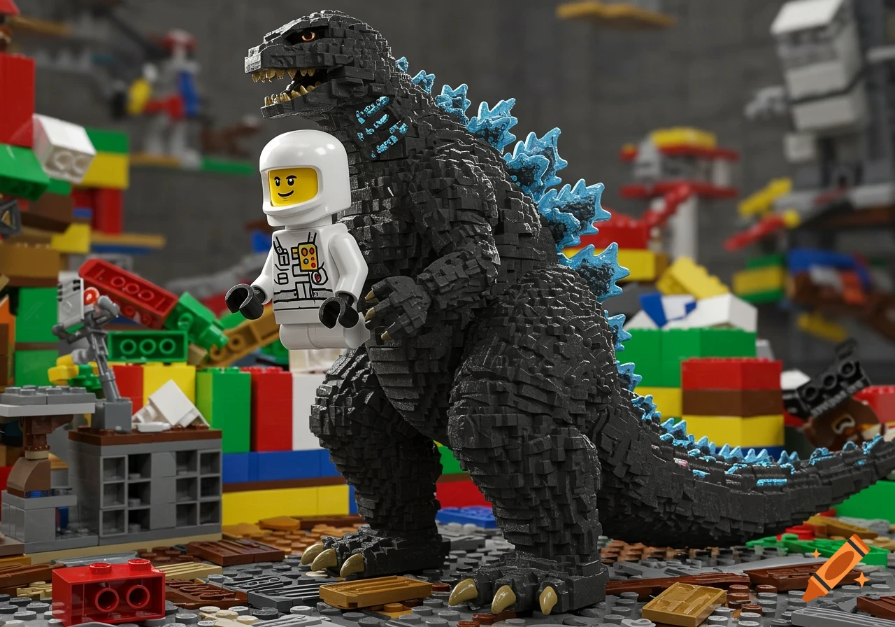 Lego Godzilla holds a Lego astronaut in a destroyed Lego city scene. on ...