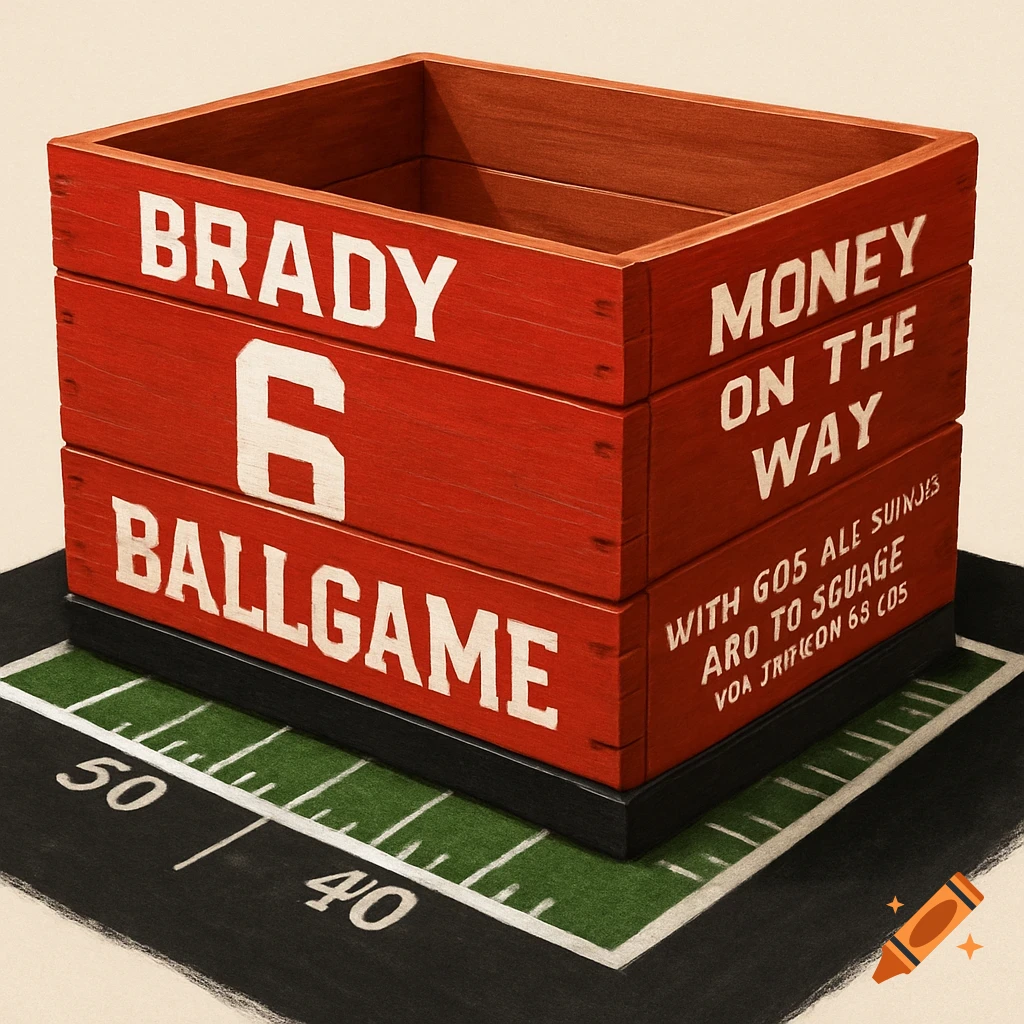 A red wooden crate with text on the sides sits on a football field. on ...