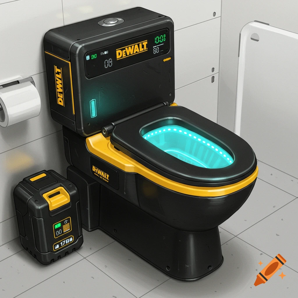 A futuristic black and yellow toilet with blue light, next to a battery ...