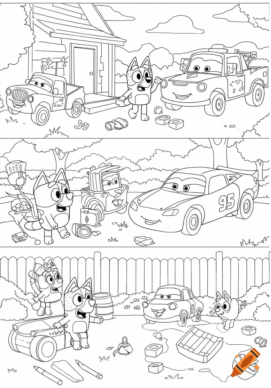 Black and white line drawing for coloring featuring Bluey characters ...