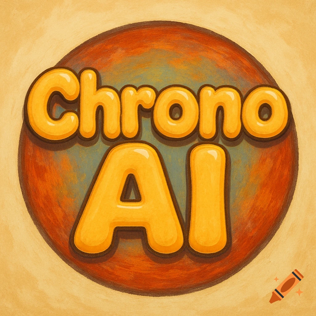 Bubble letters spelling 'Chrono AI' inside a textured circle. on Craiyon