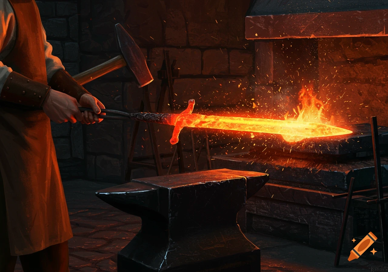 A blacksmith forges a glowing hot sword on an anvil in a dark forge. on ...