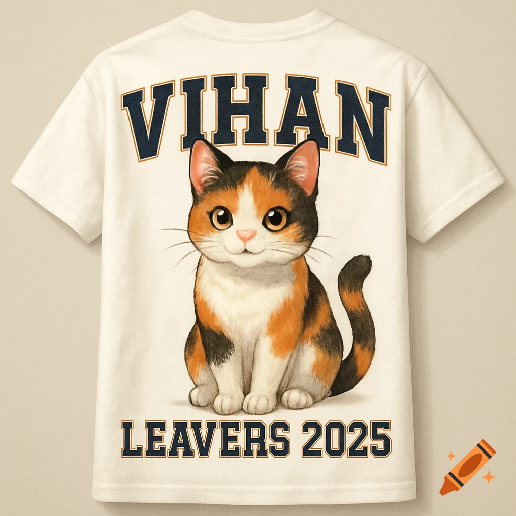 An anime calico cat sits on a white t-shirt with VIHAN and LEAVERS 2025 ...