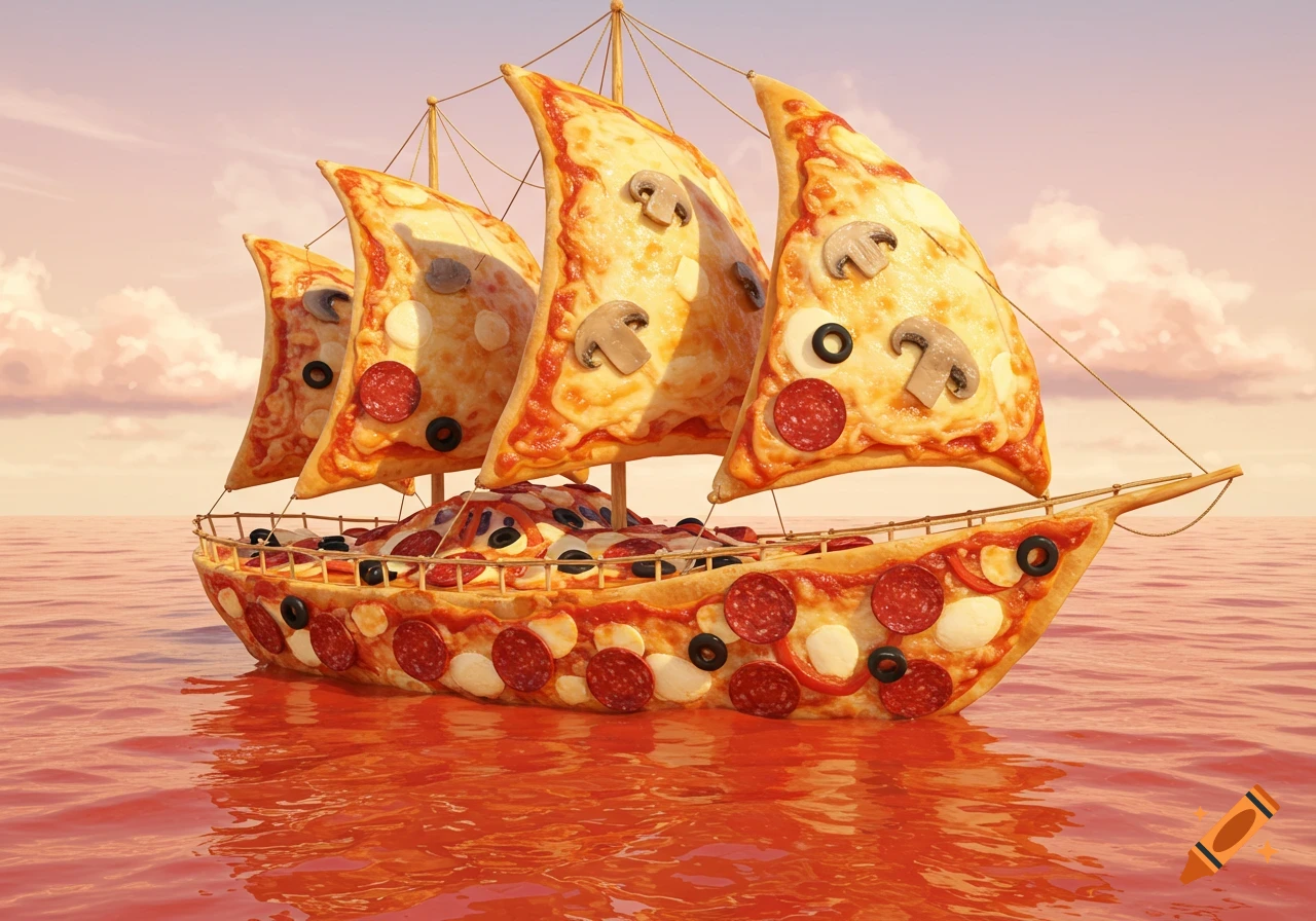 A sailing ship made of pizza floats on red water on Craiyon