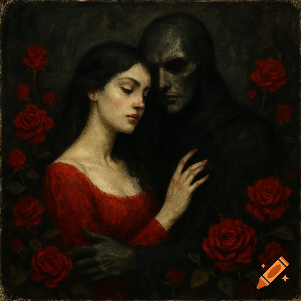 Dark painting of a woman in red embracing a shadowy figure among red ...