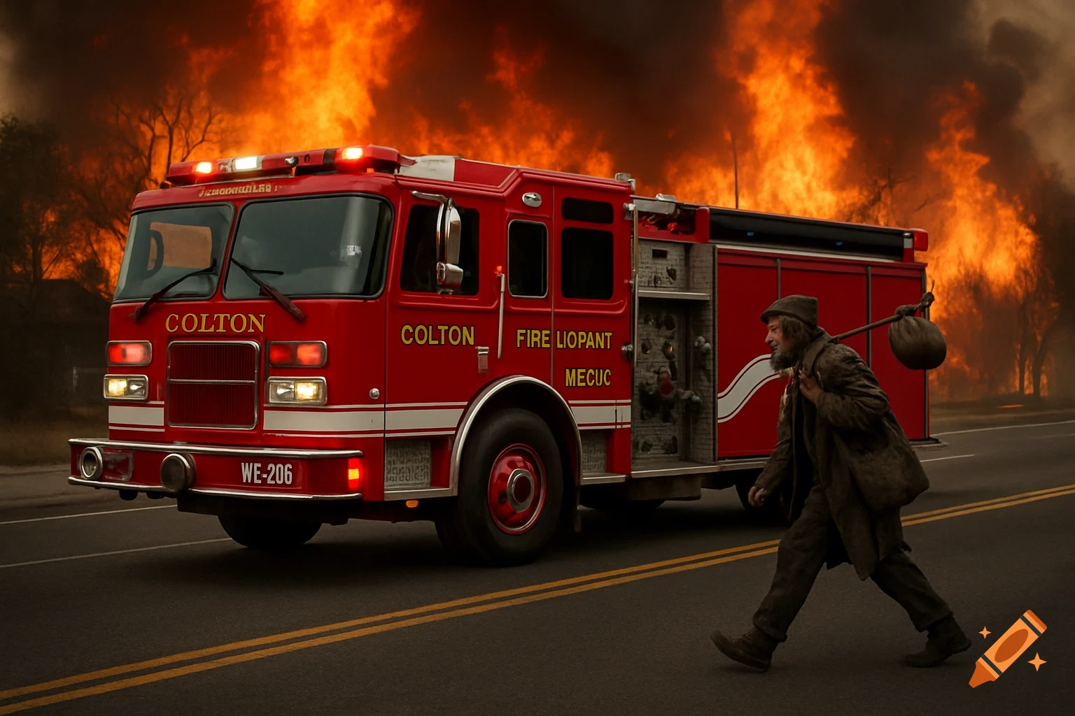 Photorealistic image of a red fire truck on a road with large fires in ...
