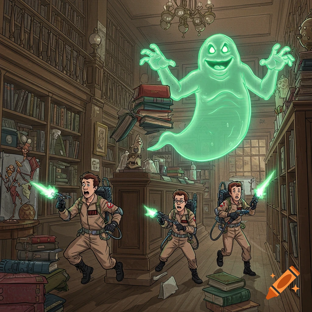 Cartoon Ghostbusters aiming proton streams at a green ghost in a ...
