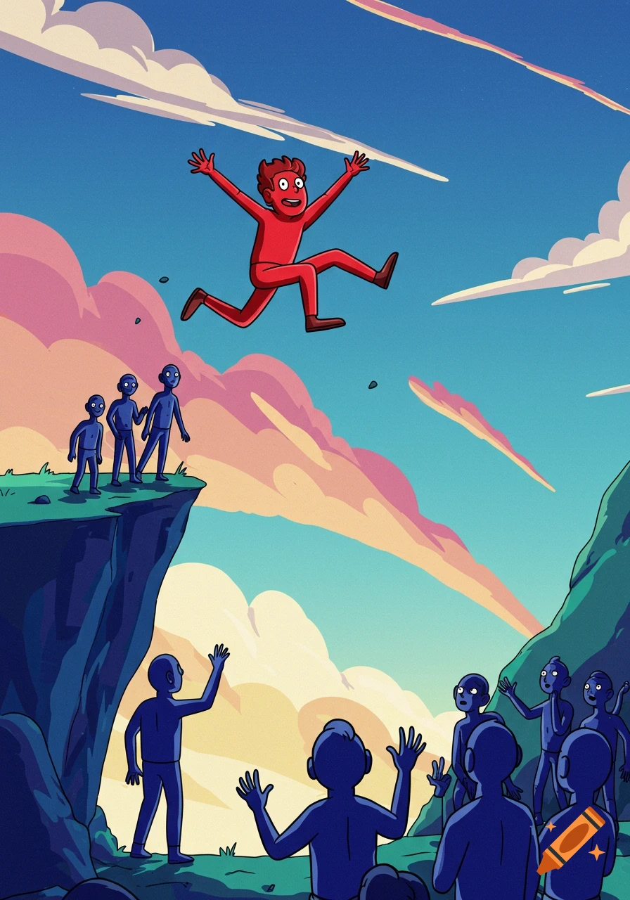 A red cartoon person jumps off a cliff as dark blue people watch from ...