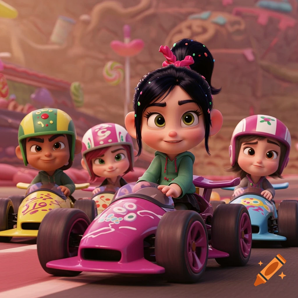 Vanellope and Sugar Rush racers in go-karts on a candy track on Craiyon