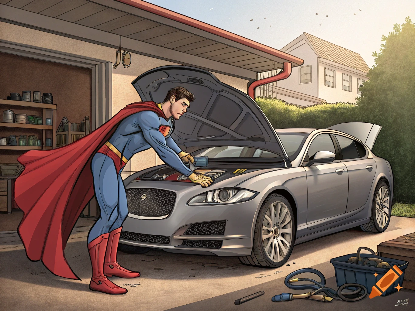 Superman in costume fixing a silver car under a garage awning. on Craiyon