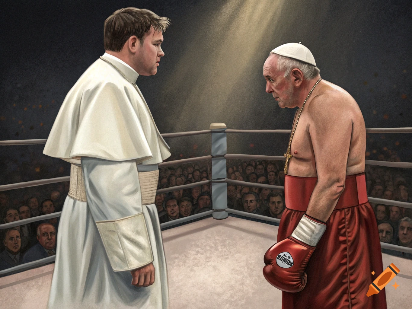 Painting of Pope Francis in boxing gear facing JD Vance in papal robes ...