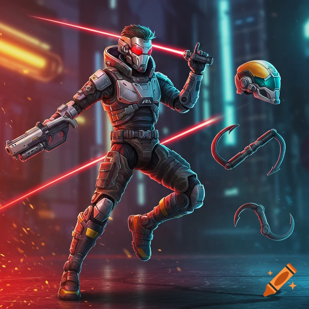 Sci-fi action figure with gun, accessories, and red laser beams. on Craiyon