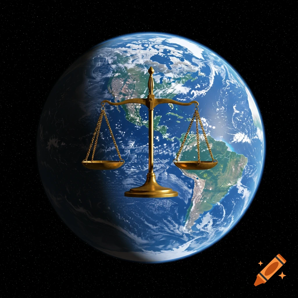 Planet Earth with golden scales of justice centered in front of it, set ...