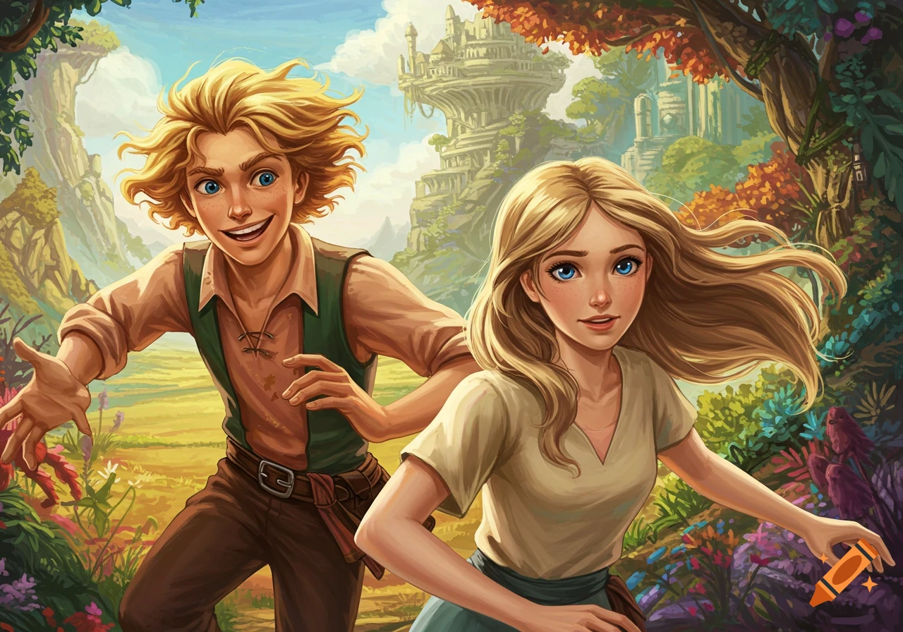 Two young fantasy characters, a boy and a girl, run through a vibrant ...