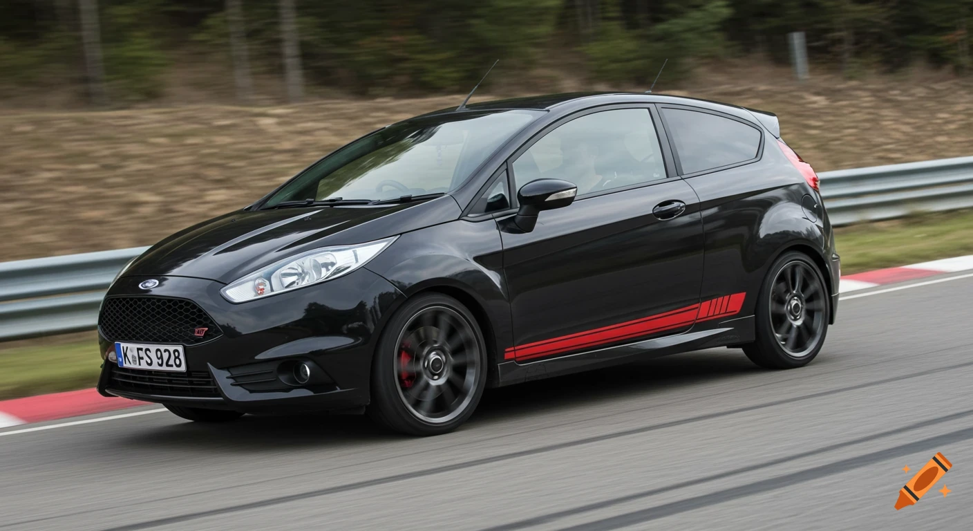 A black Ford Fiesta ST with a red stripe drives on a track ...