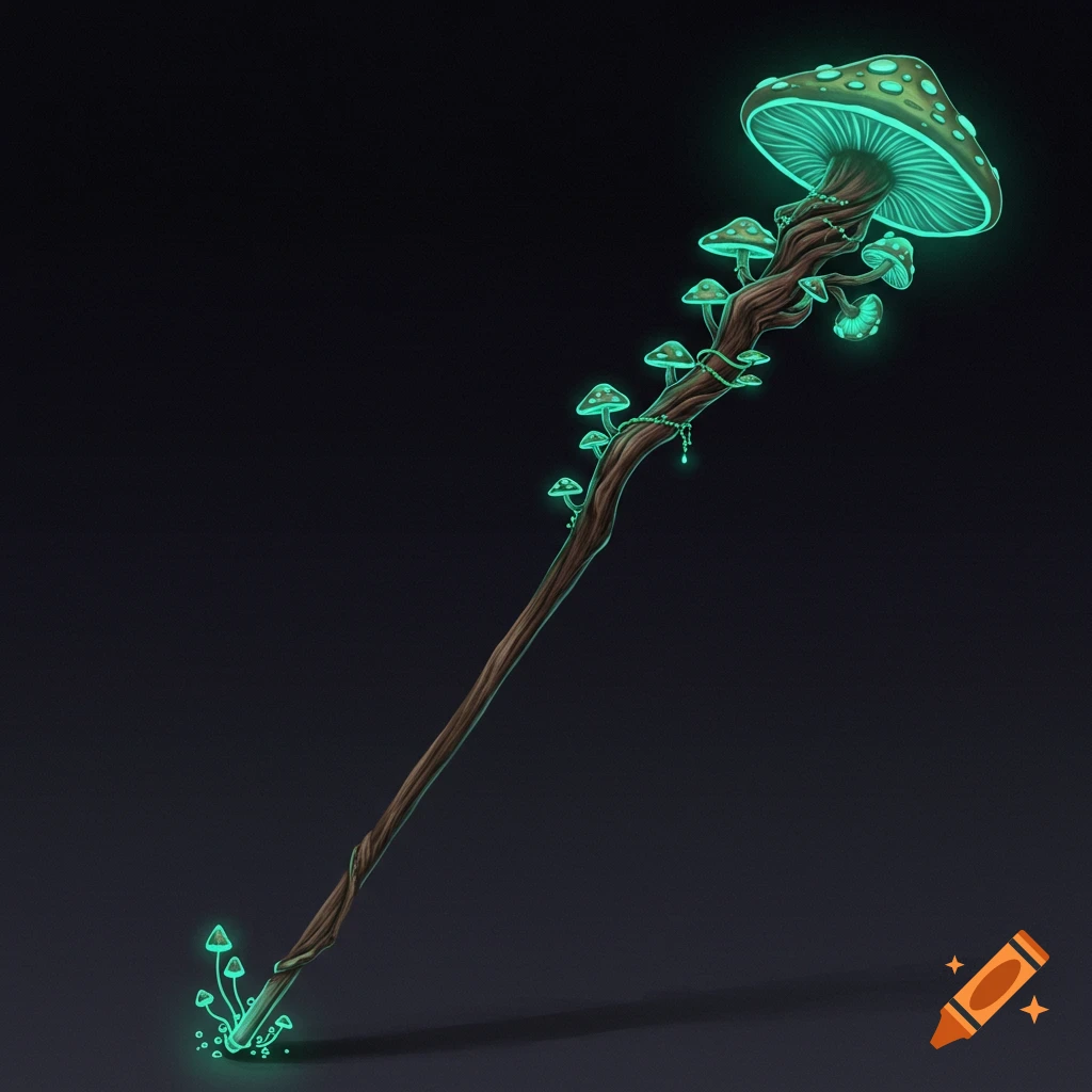 A fantasy staff decorated with glowing green bioluminescent mushrooms ...