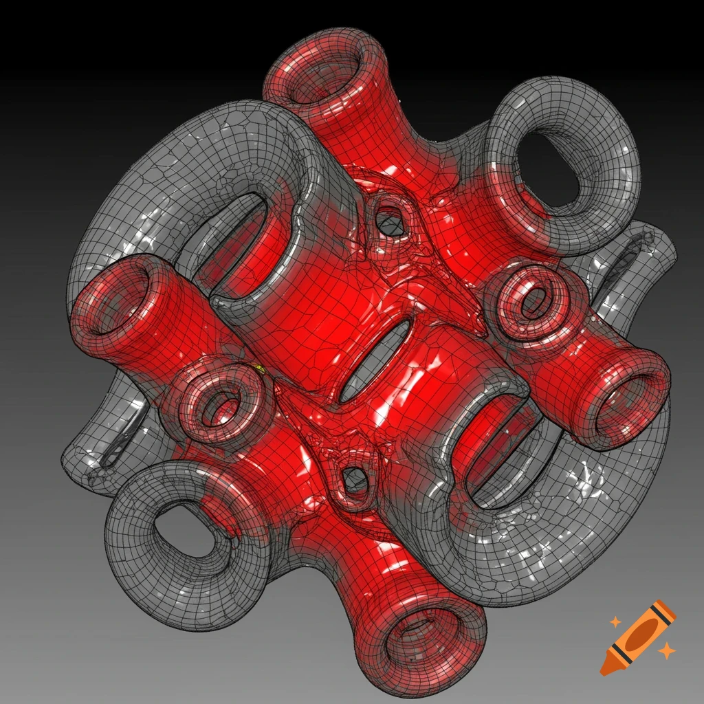 A 3D render of a complex red and gray abstract shape with a wireframe ...