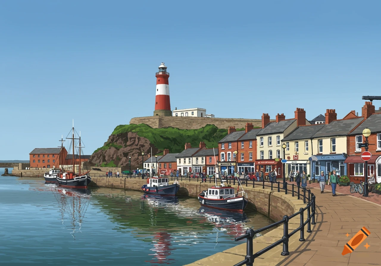 Illustration of a busy harbor with boats, buildings, a lighthouse on a ...