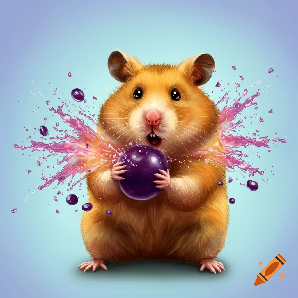 A cute hamster holds a purple grape that explodes with liquid and ...