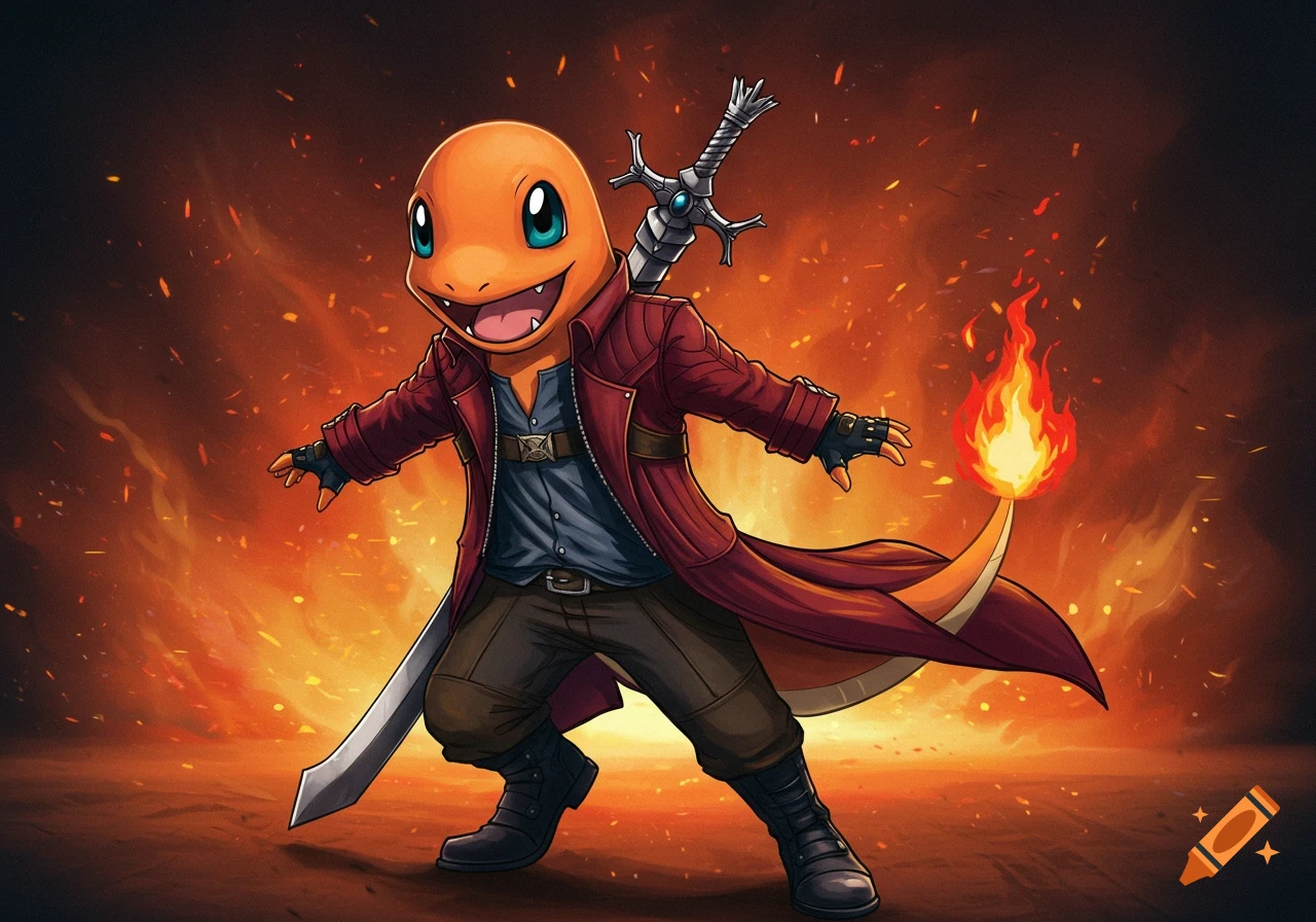 Cartoon Charmander dressed as Dante from Devil May Cry, holding a sword ...