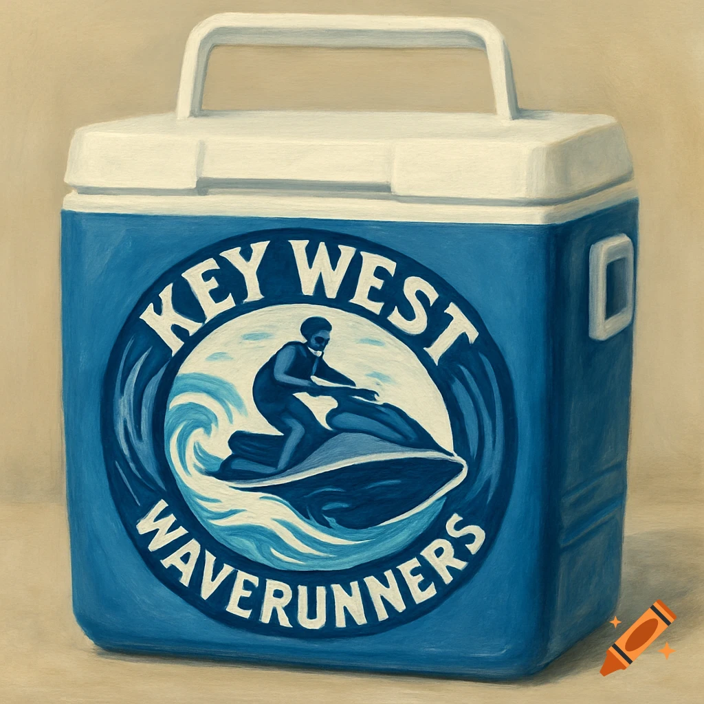 Blue and white drink cooler with a logo of a person jet skiing and the ...