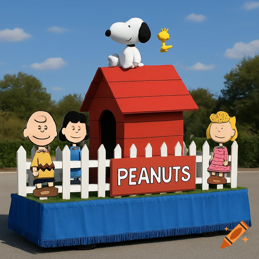 A Peanuts parade float features Snoopy on his red doghouse with ...