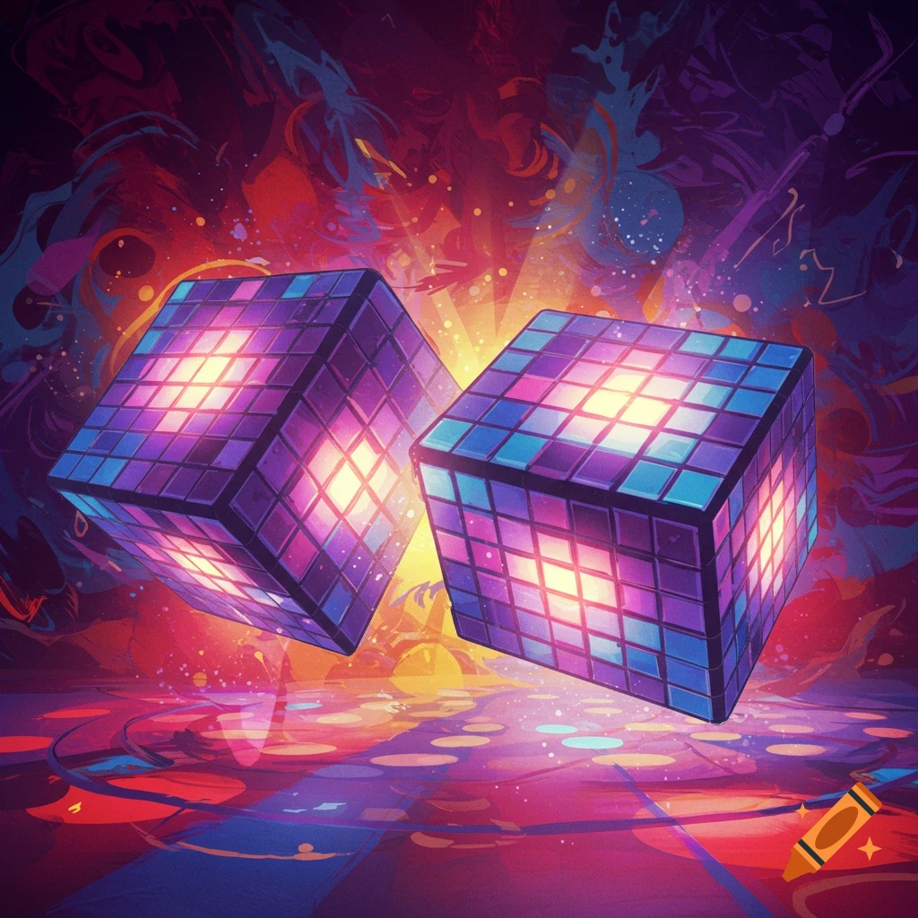 Two glowing disco cubes float in a vibrant, abstract background. on Craiyon