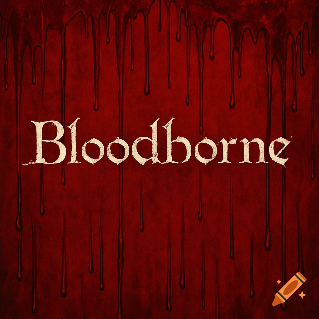 Title card for Bloodborne with dripping red texture. on Craiyon