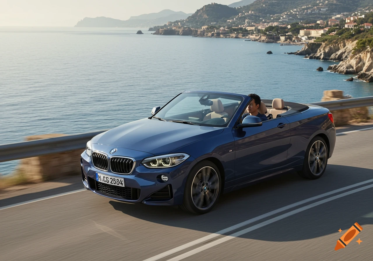 Blue BMW convertible driving on a coastal road with mountains and the ...