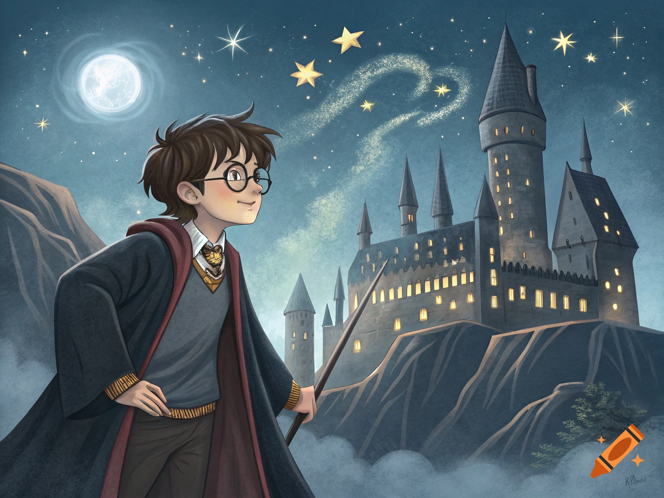 Illustration of a young wizard standing before a large castle under a ...