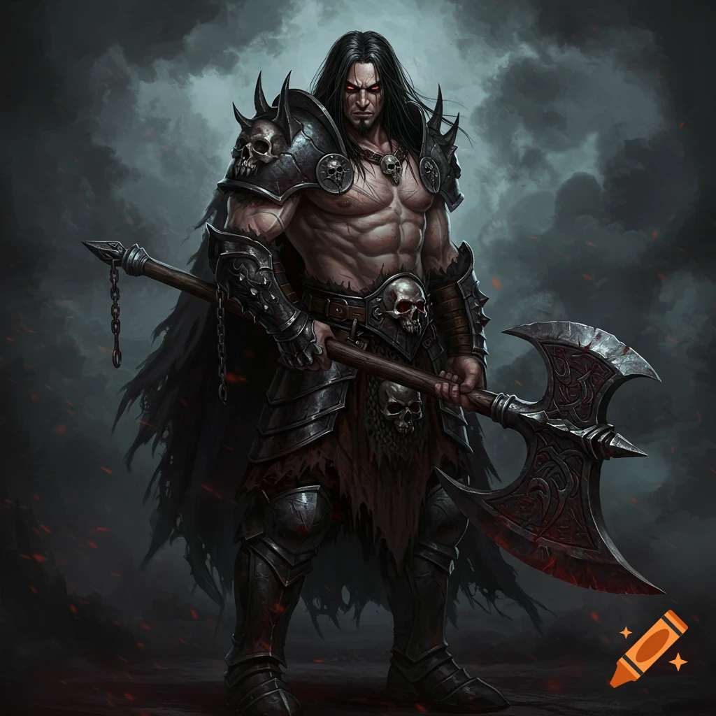 Dark fantasy warrior with skull armor and a large axe stands in a grim setting. on Craiyon