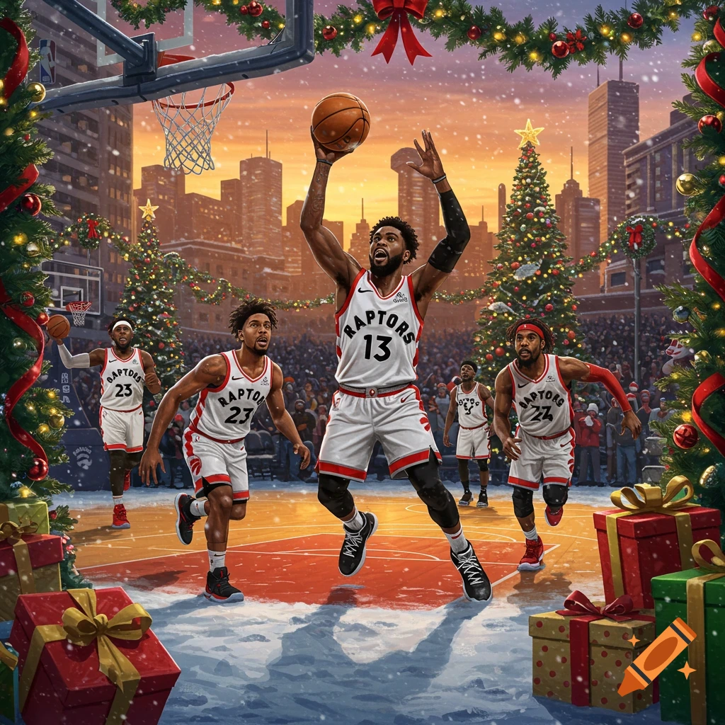 Painting of Toronto Raptors players playing basketball outdoors on a ...