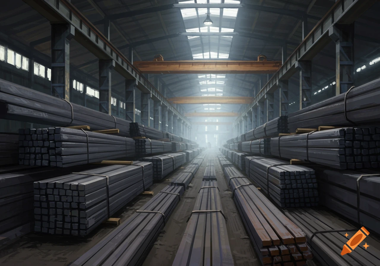 An industrial warehouse filled with large stacks of bundled steel bars ...