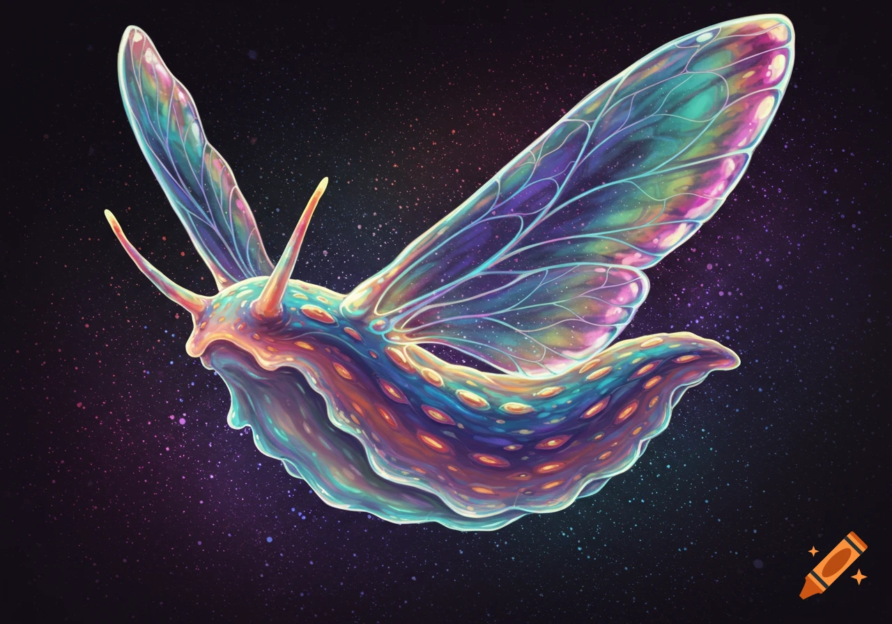 Colorful winged slug-like creature illustration floating in a starry ...