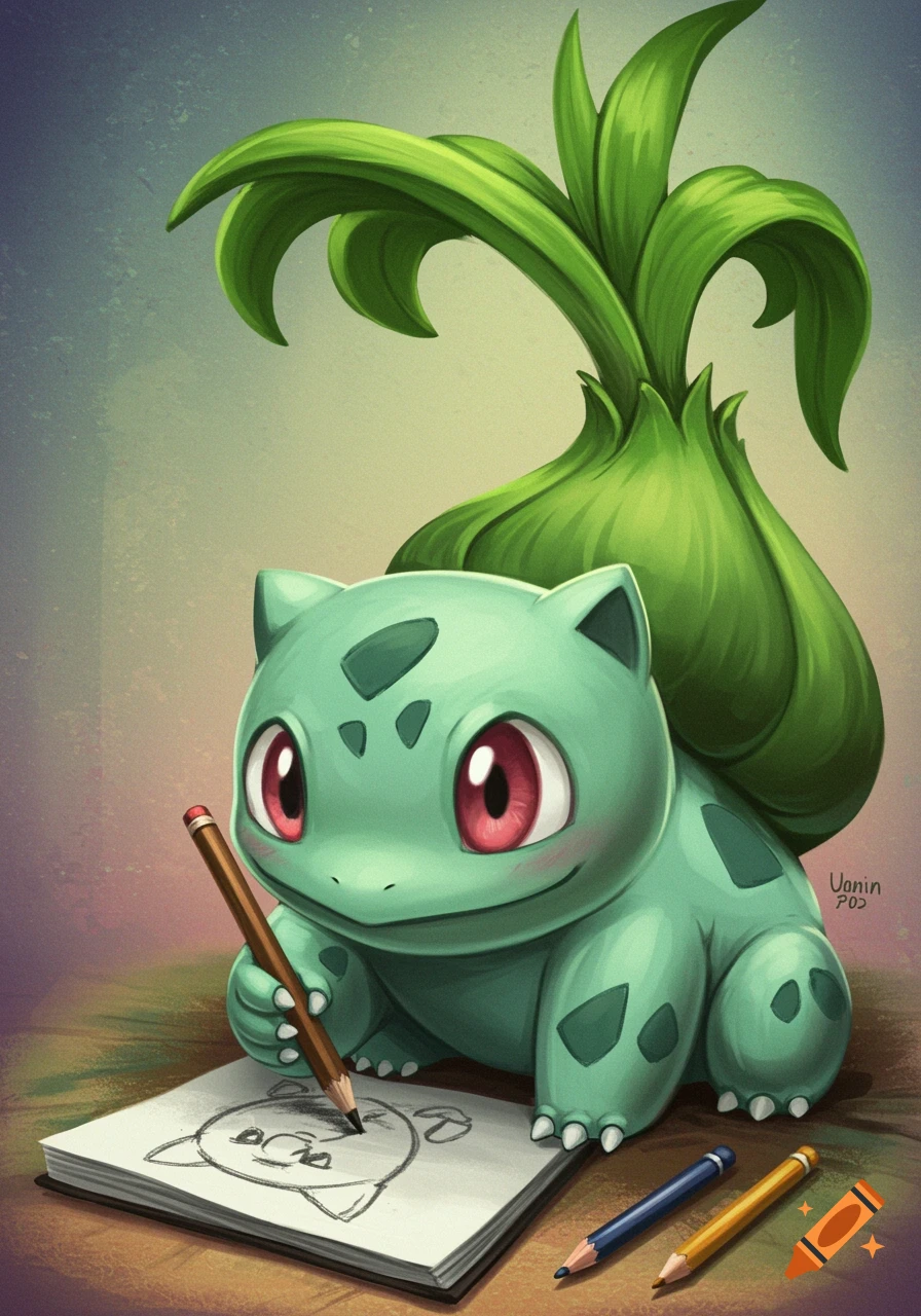 A cute Bulbasaur drawing on paper with a pencil, digital illustration ...