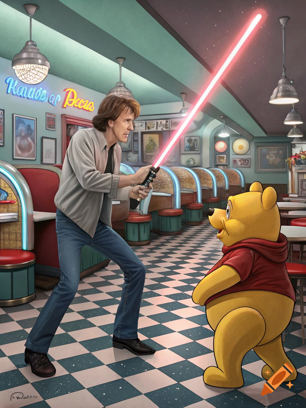 Paul McCartney and Winnie the Pooh have a lightsaber battle in a retro 1950s diner. on Craiyon