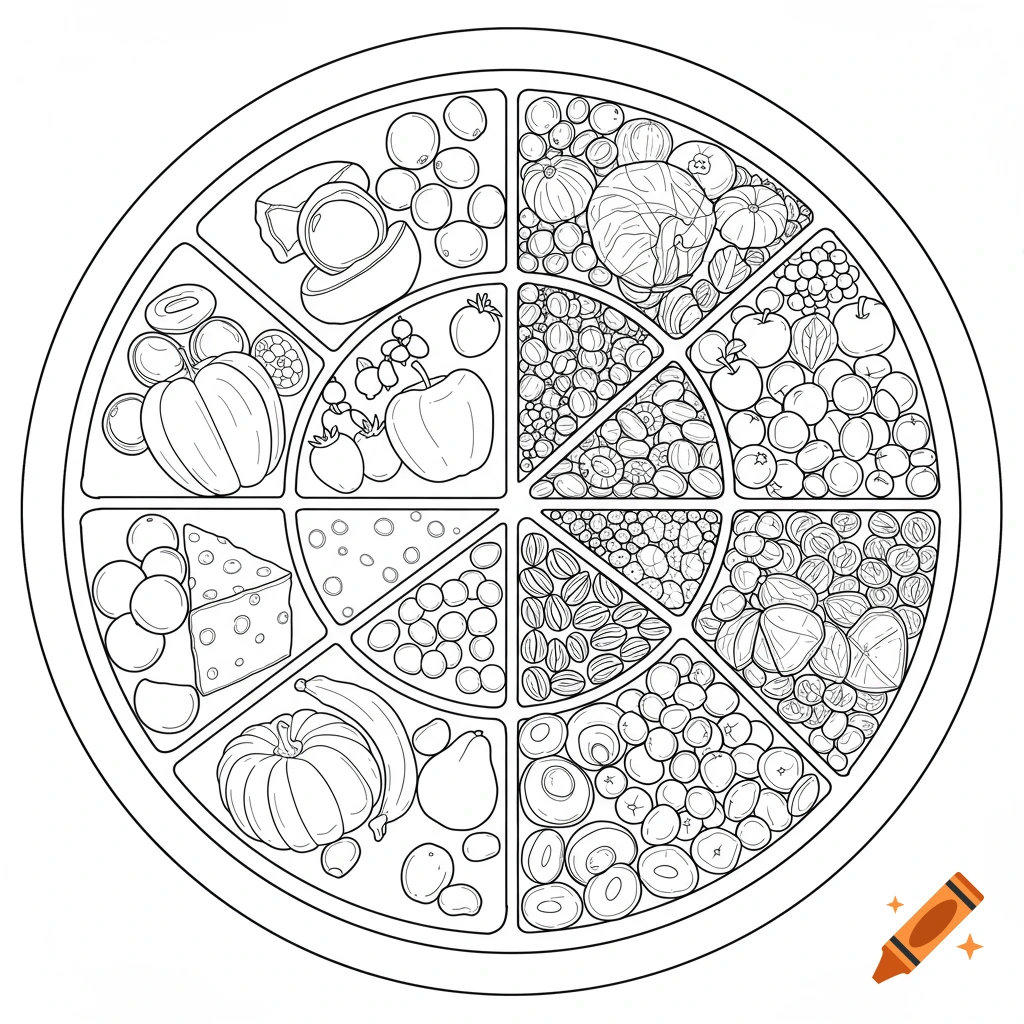 Coloring book page of a circular plate sectioned and filled with ...