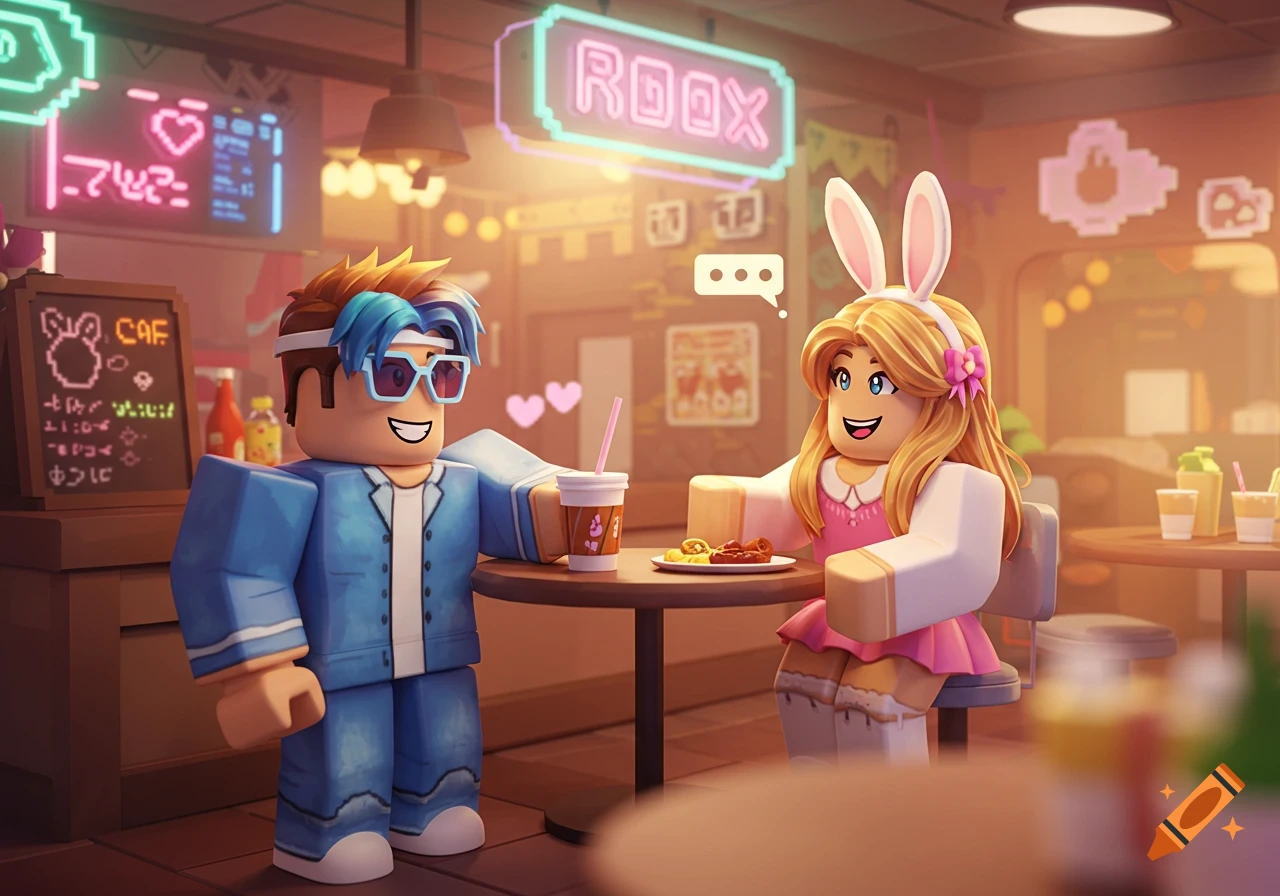 Two Roblox-style characters sit at a cafe table with drinks and food ...