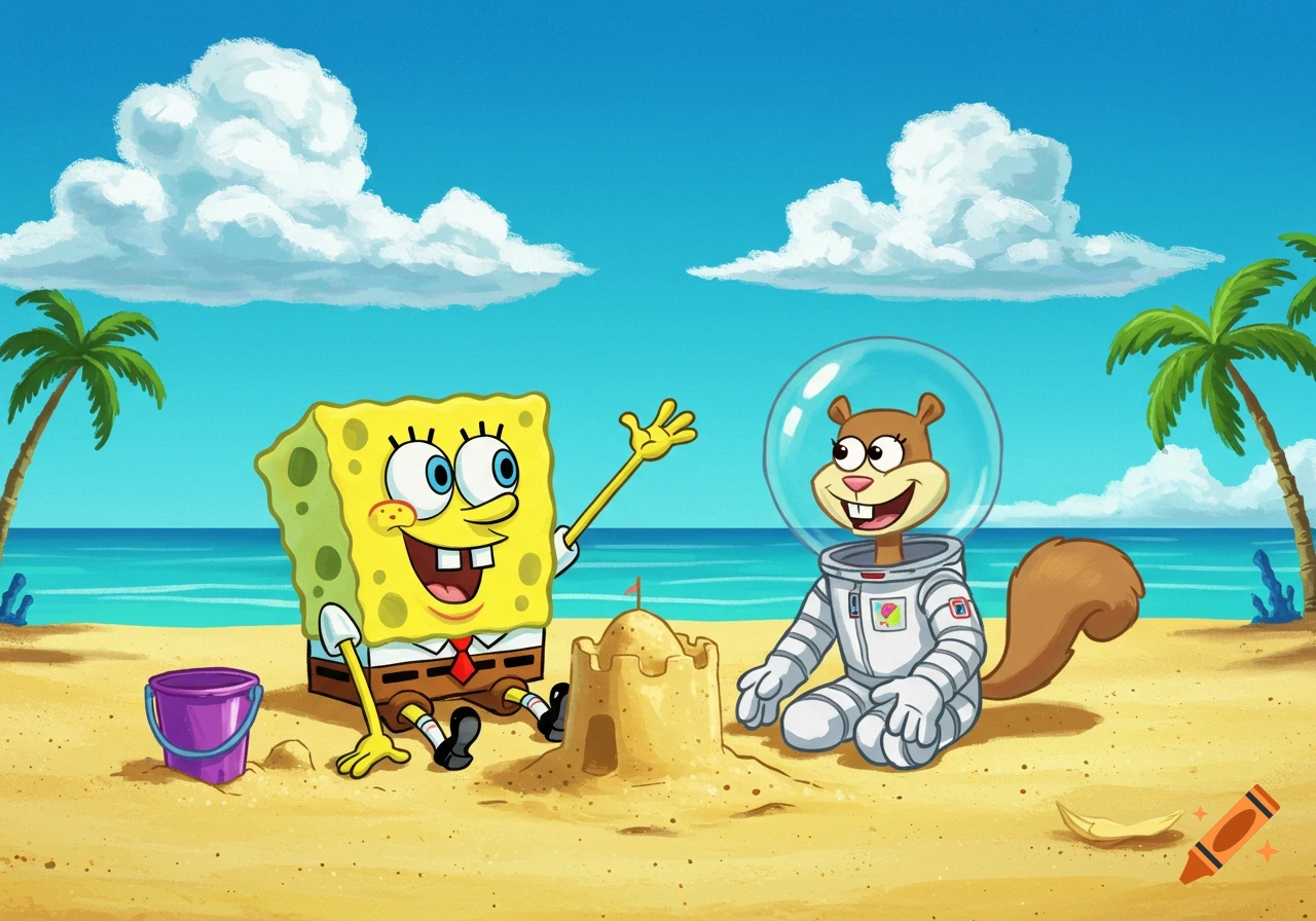 Spongebob Squarepants and Sandy Cheeks build a sandcastle on the beach ...
