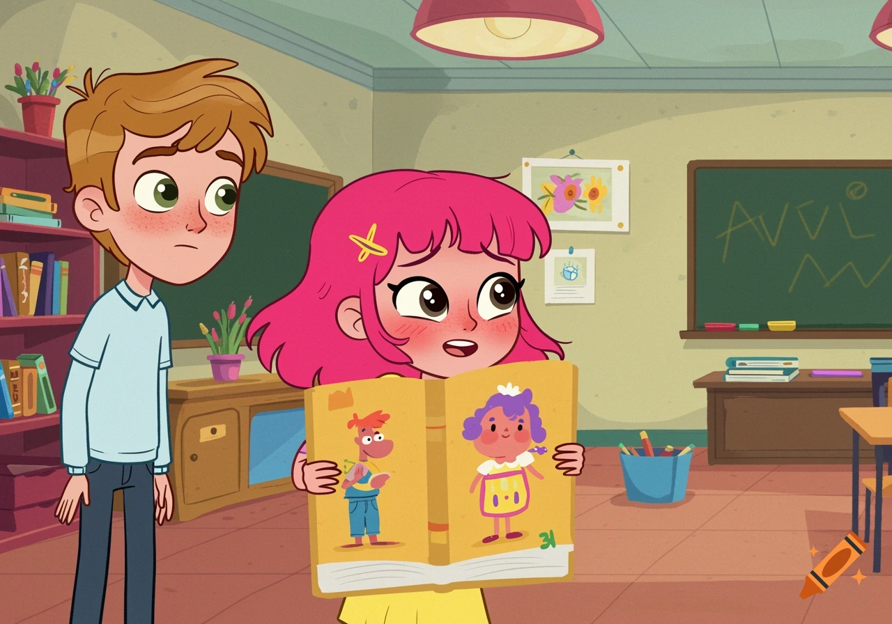 Cartoon girl blushing while holding a book showing characters, a ...