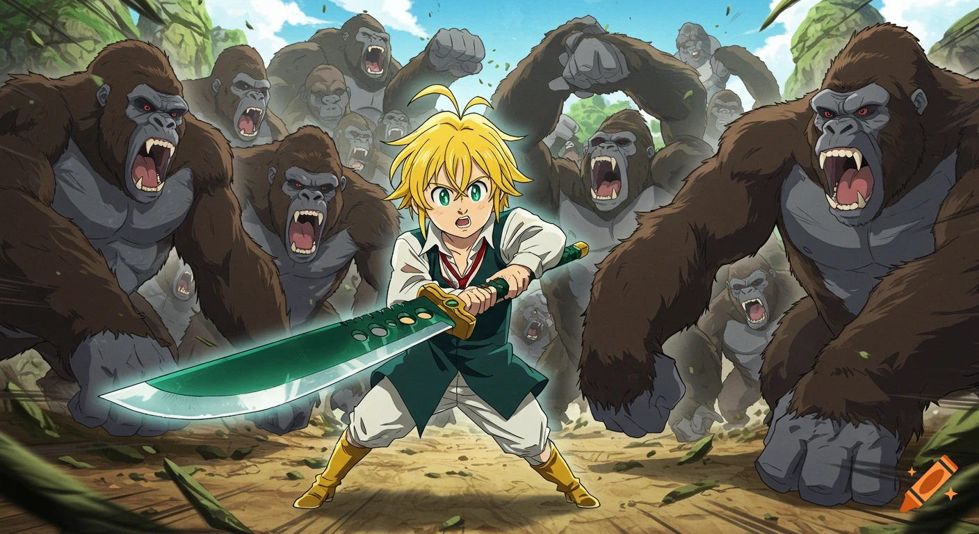 Anime character Meliodas fighting gorillas in a jungle with a large ...