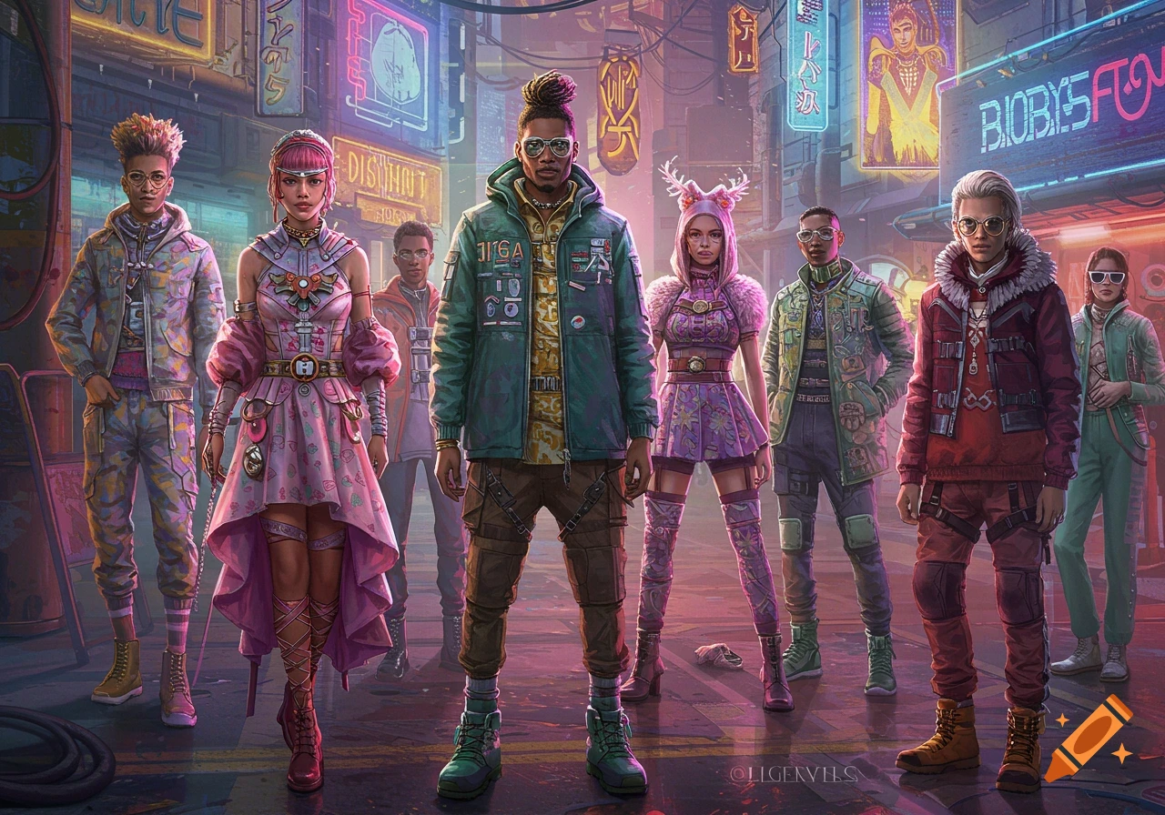 Diverse group in futuristic fashion standing on a cyberpunk street at ...