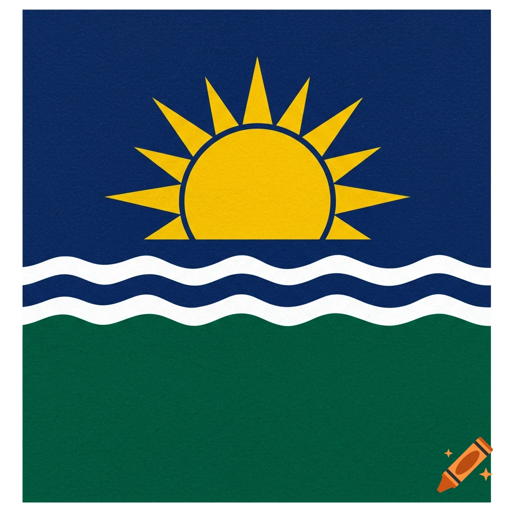 Flag design with a yellow sun, white waves, blue sky, and green land ...