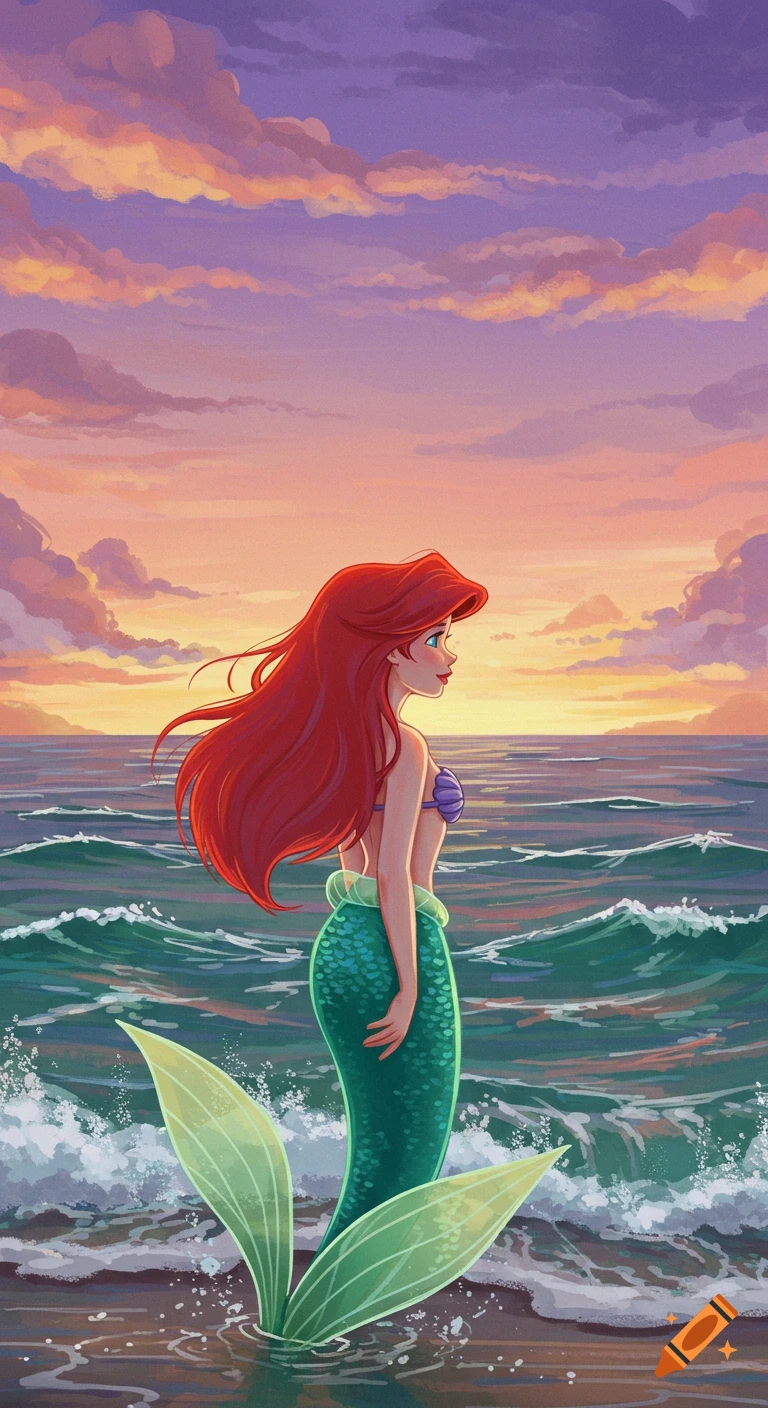 Ariel the mermaid stands on a beach looking at a sunset over the ocean ...