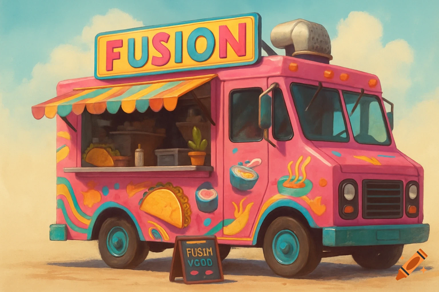 A colorful pink fusion food truck with a FUSION sign, painted style. on ...