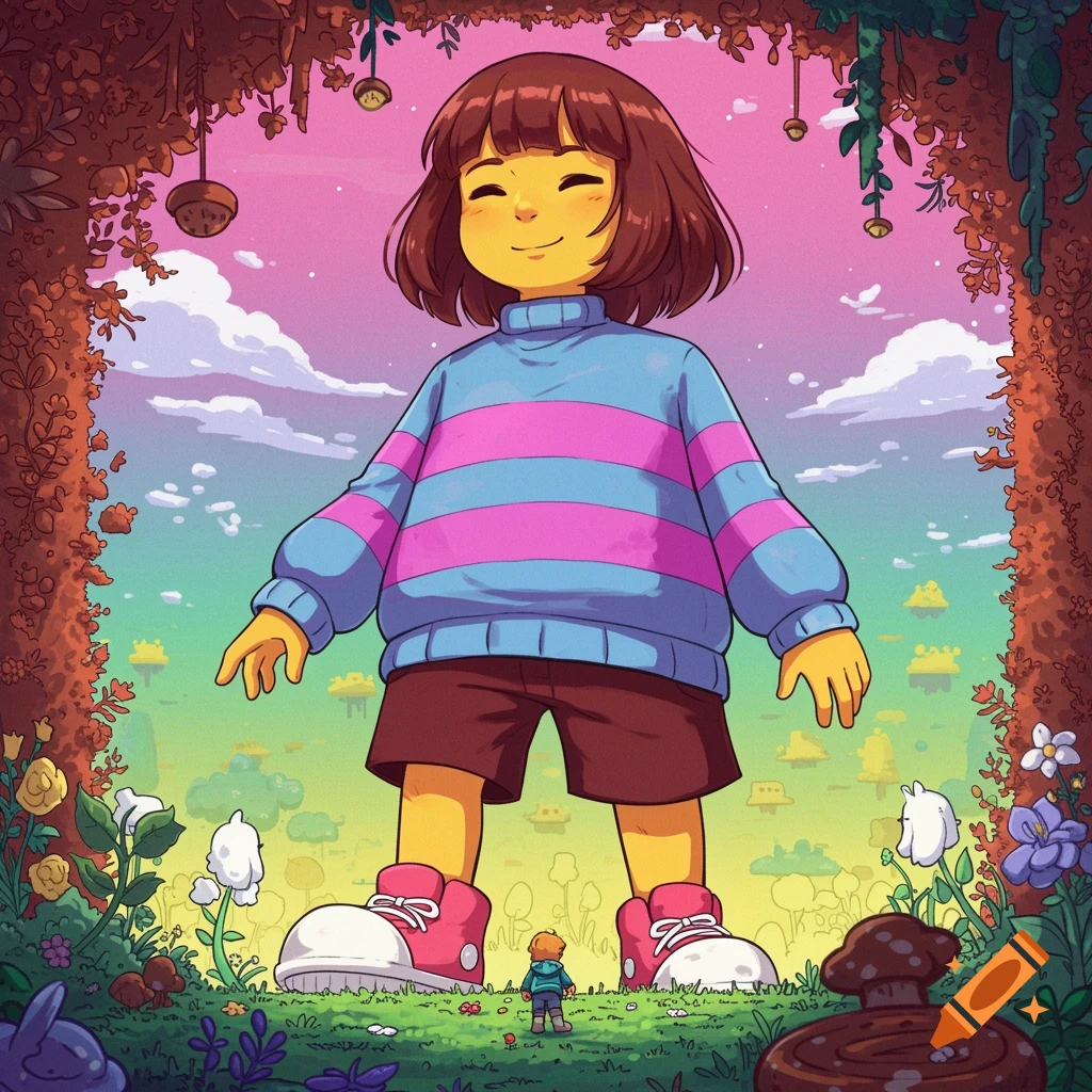 Giant cartoon character resembling Frisk from Undertale stands in a ...