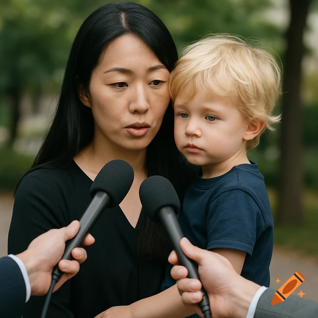 A woman holds a young child while being interviewed by two microphones ...