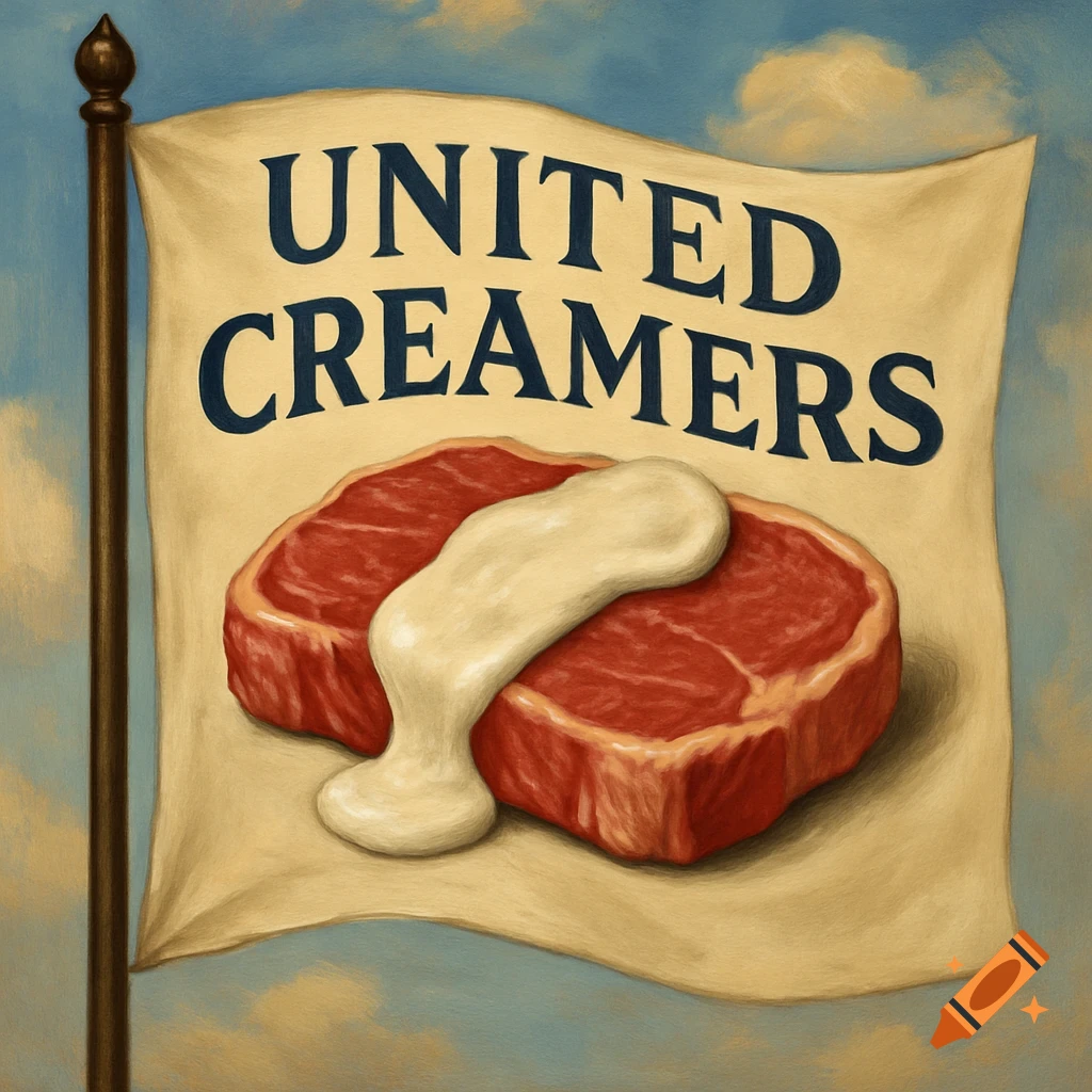 A painterly image of a flag with 'UNITED CREAMERS' text, a raw steak ...