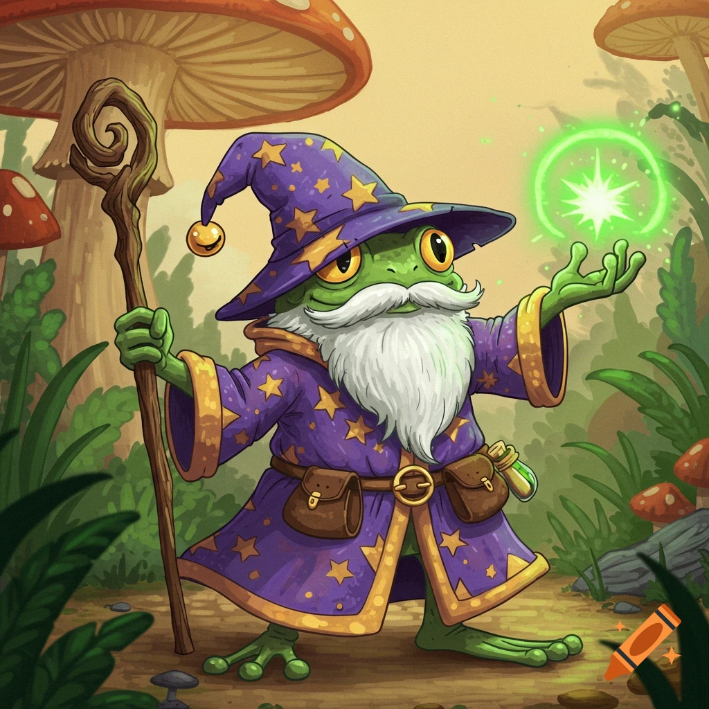 A cartoon frog wizard casts a spell in a forest with mushrooms. on Craiyon